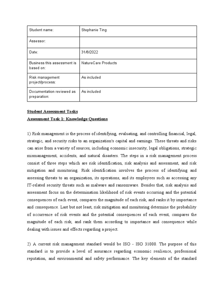 BSBOPS504 Student Assessment Task | PDF | Risk Management | Risk