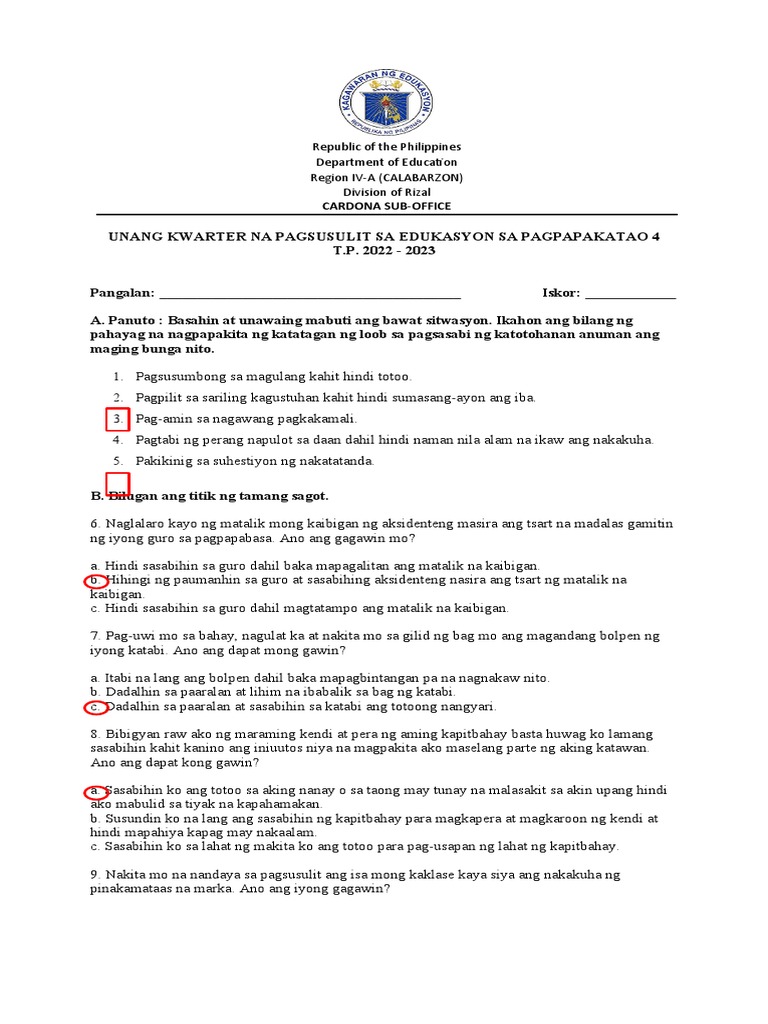 PT - ESP 4 - Quarter 1 2022-2023 - Based On Prescribed TOS | PDF