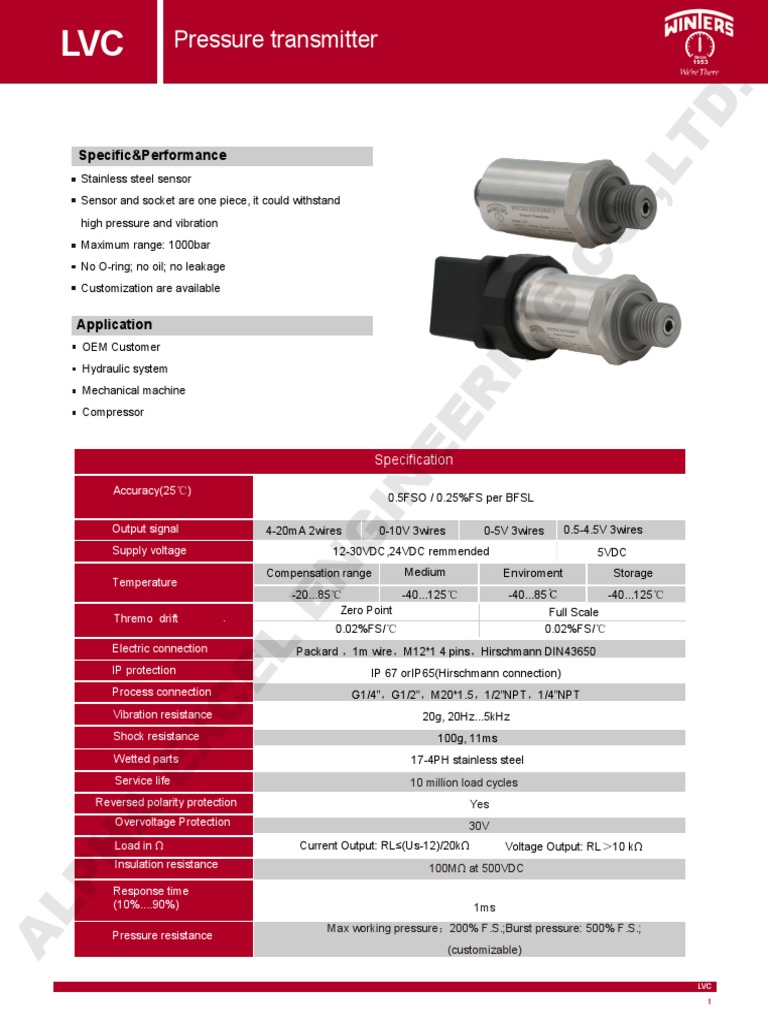 Winters - LVC - Pressure Transmitter | PDF | Electromagnetic ...