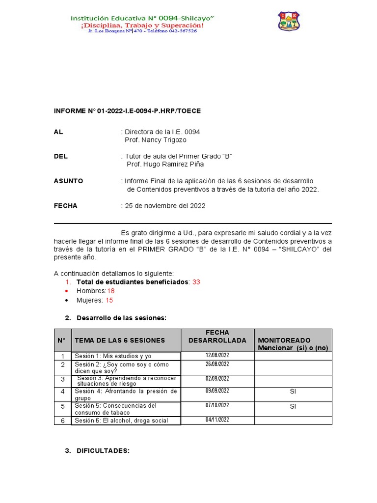 1.modelo de Informe Final Del Tutor-2022 | PDF