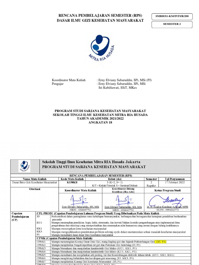 RPS Dasar Ilmu Gizi Kesmas (2R) 2022 | PDF