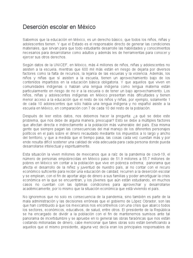 Deserción escolar en México: causas y consecuencias | PDF | México ...