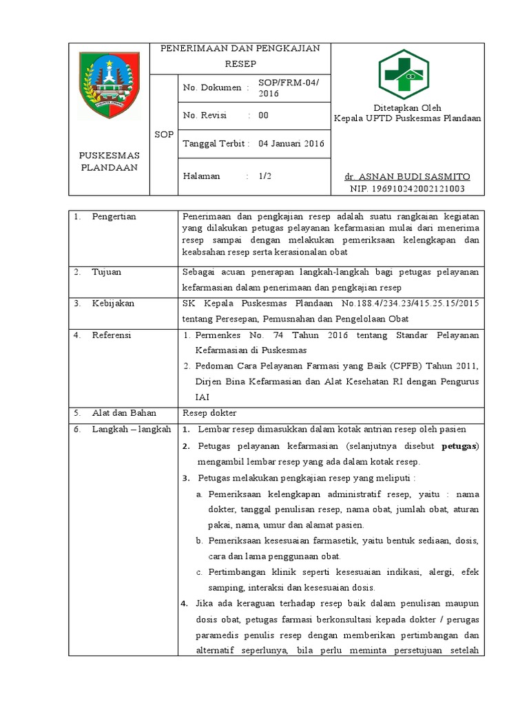 Frm 04 Sop Penerimaan Dan Pengkajian Resep Pdf