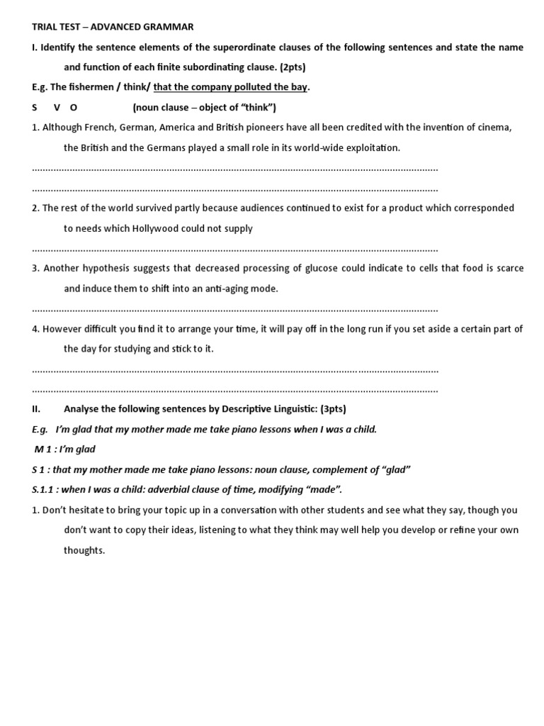 Advanced Grammar Trial Test Guide | PDF | Sentence (Linguistics) | Clause