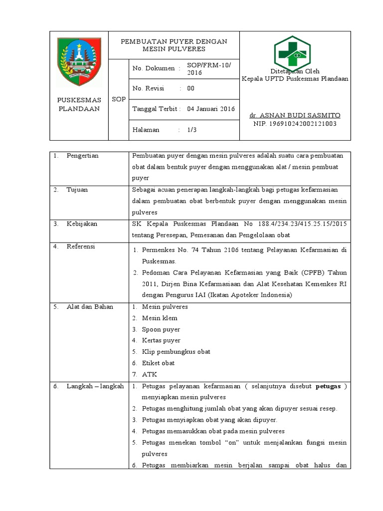 FRM-10 Sop Pembuatan Puyer Dengan Mesin Pulveres | PDF