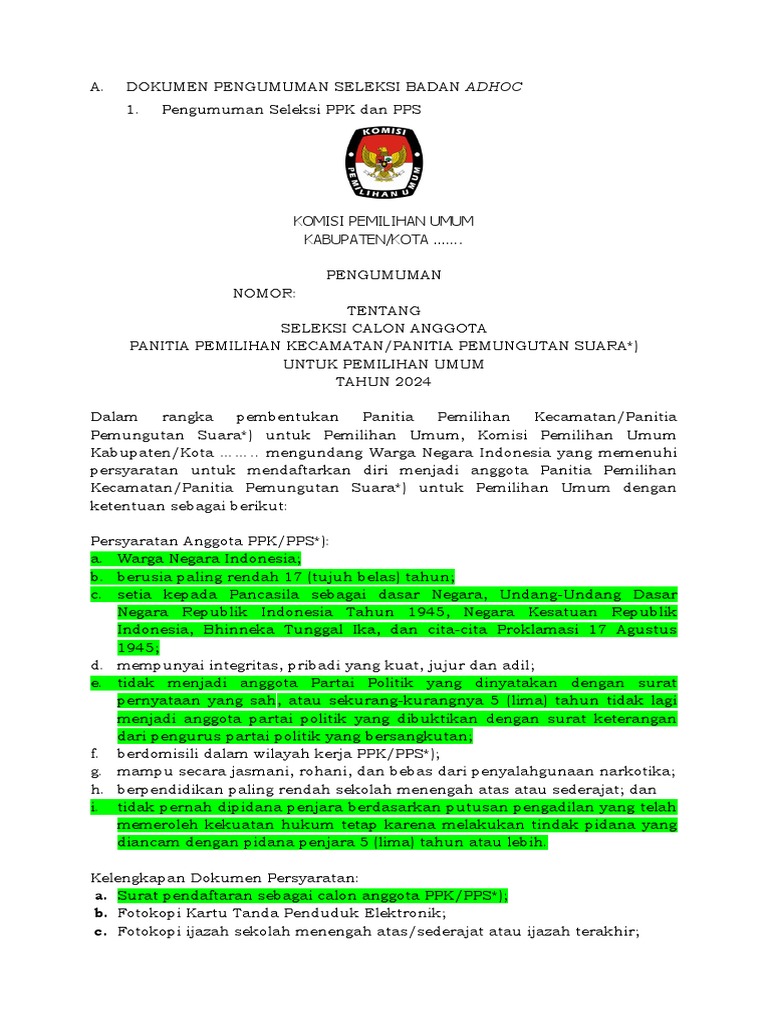 Dokumen Kebutuhan Pengumuman Seleksi Badan Adhoc | PDF