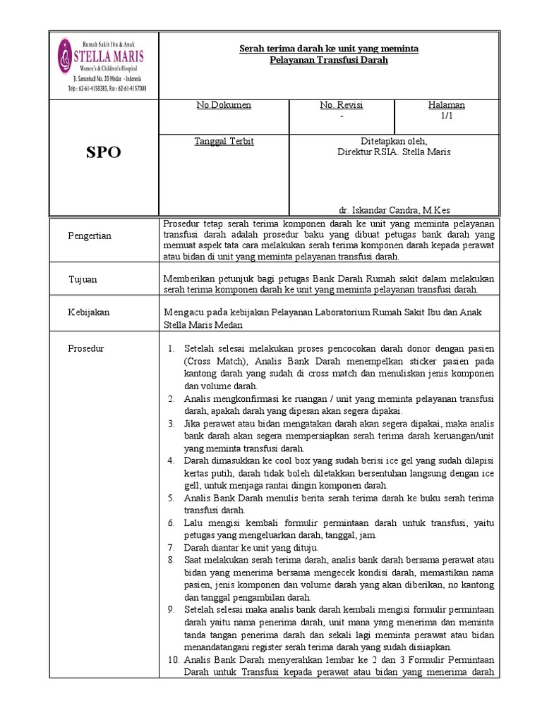 Sop Serah Terima Ke Unit Yang Meminta Pelayanan Transfusi Darah Pdf