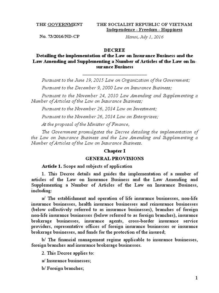 Decree 73.2016.NDCP | Download Free PDF | Identity Document | Insurance