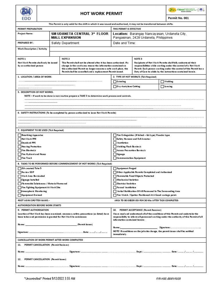 Hot - Work - Permit Form 10.20 | PDF | Public Safety | Working Conditions