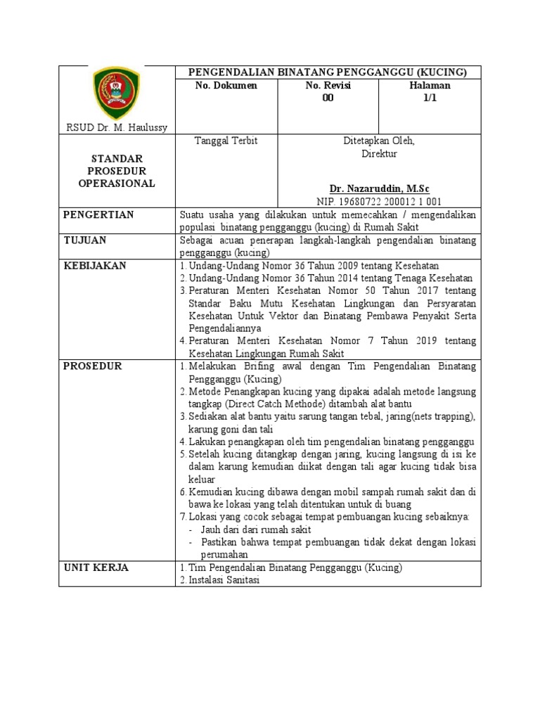 SOP Pengendalian Kucing di RSUD | PDF