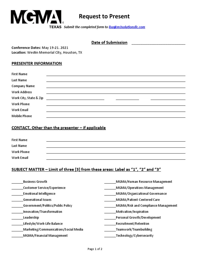Texas MGMA Conf Request To Present - F2 | PDF | Business | Communication