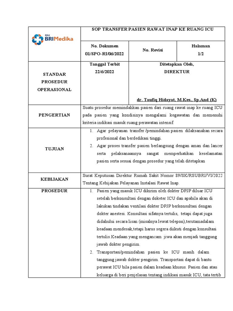 Prosedur Transfer Pasien ke ICU | PDF