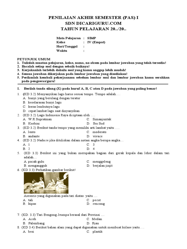 Soal PAS SBDP Kelas 4 | PDF | Kajian Bahasa Asing | Seni