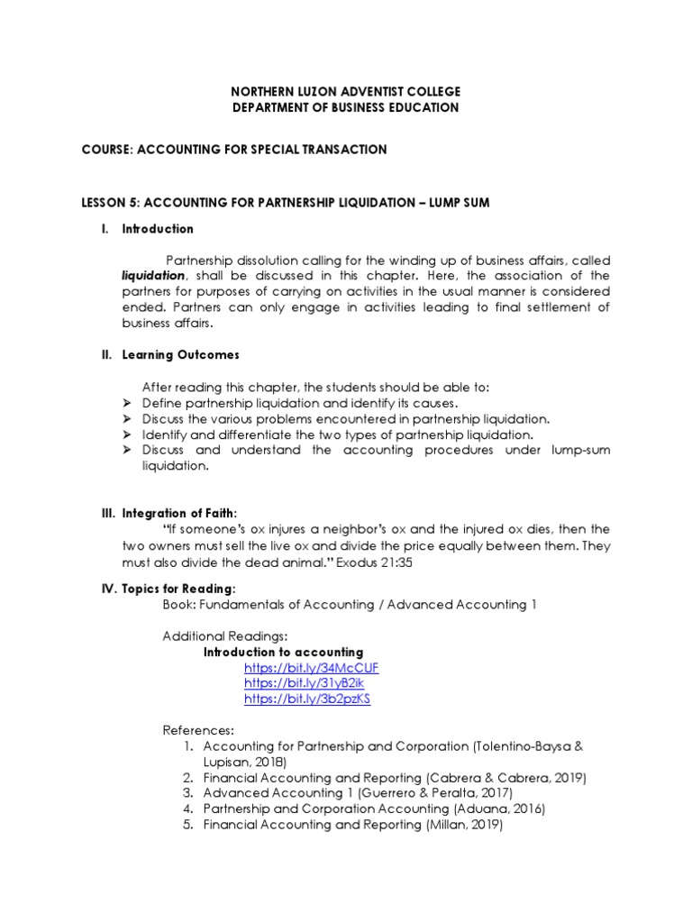 Lesson 5 Accounting For Partnership Liquidation - Lump Sum | PDF | Liquidation | Partnership
