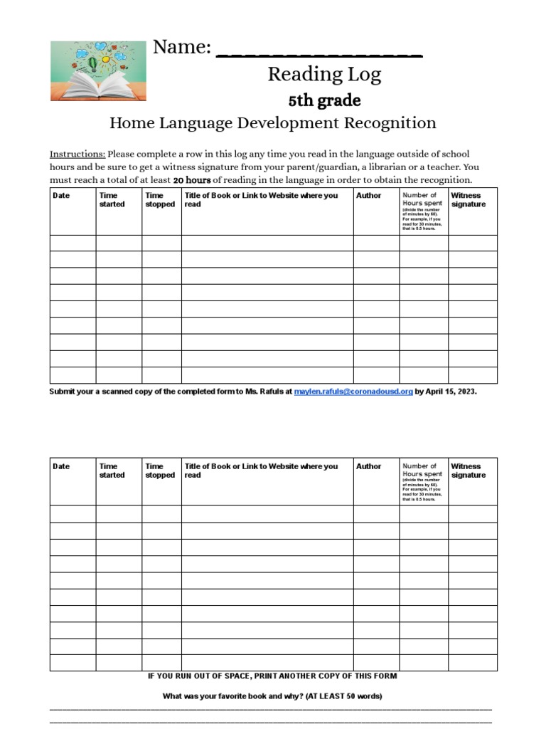 5th Reading Log For Home Language | PDF