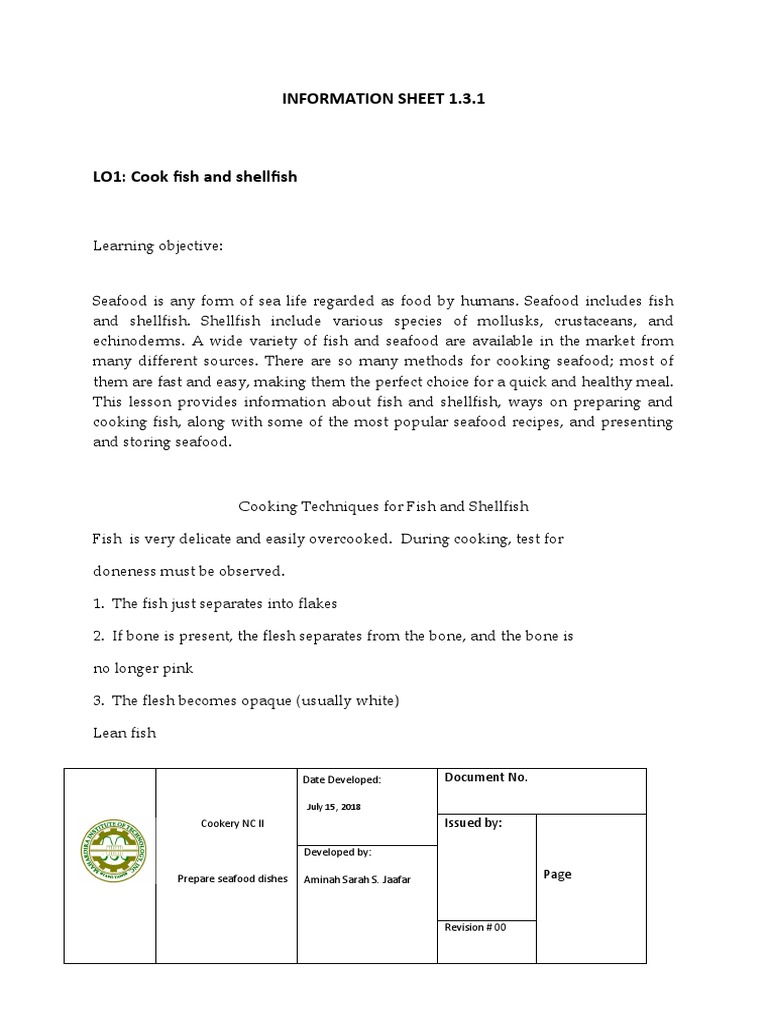 Information Sheet 1.4-1 | PDF | Seafood | Shellfish