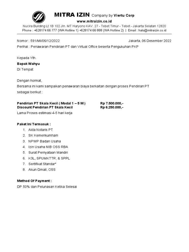 Surat Penawaran Pendirian PT UMUM + PKP +VO | PDF