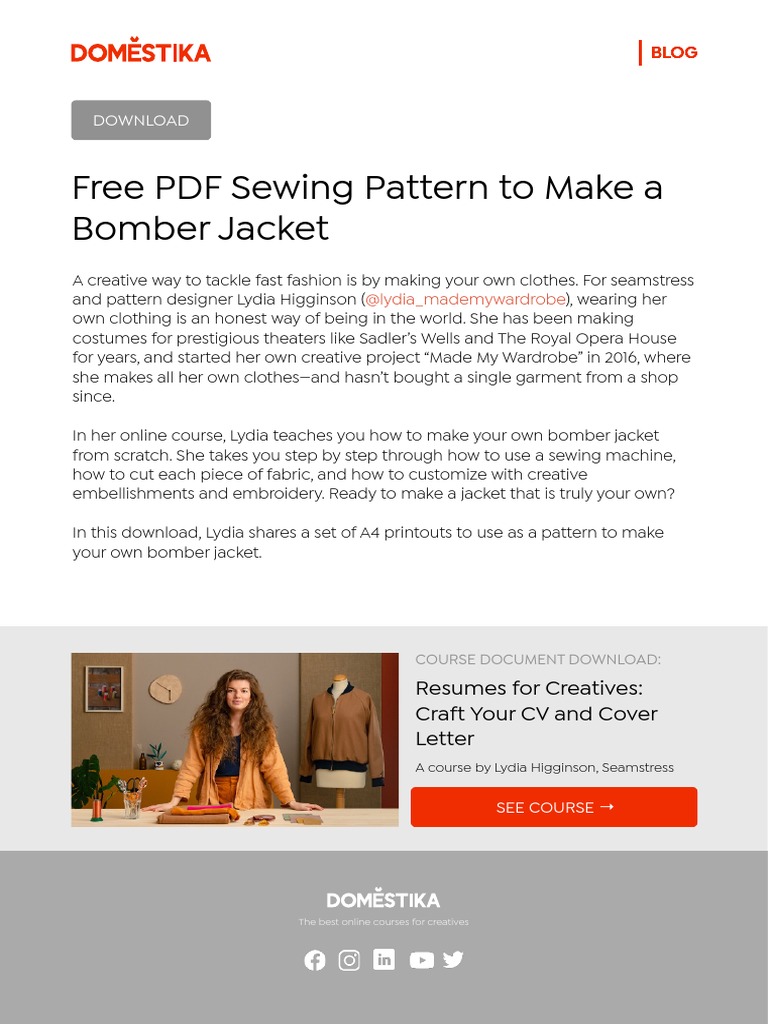 Free Bomber Jacket Pattern by Lidia Higginson | PDF | Sewing | Seam ...