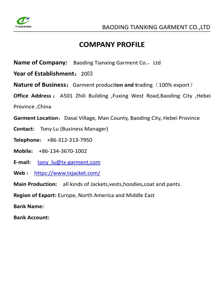 Baoding Tianxing Garment Company Profile | PDF | Clothing | Human Appearance