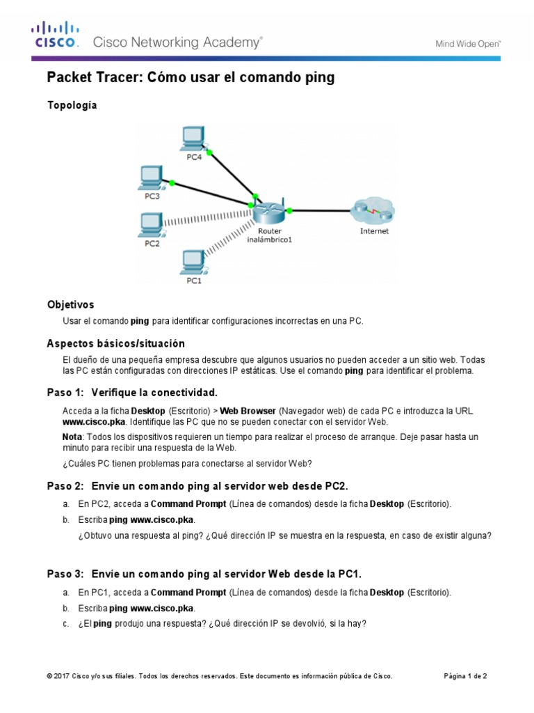 9.2.3.3 Packet Tracer - Using The Ping Command | PDF | Red mundial ...