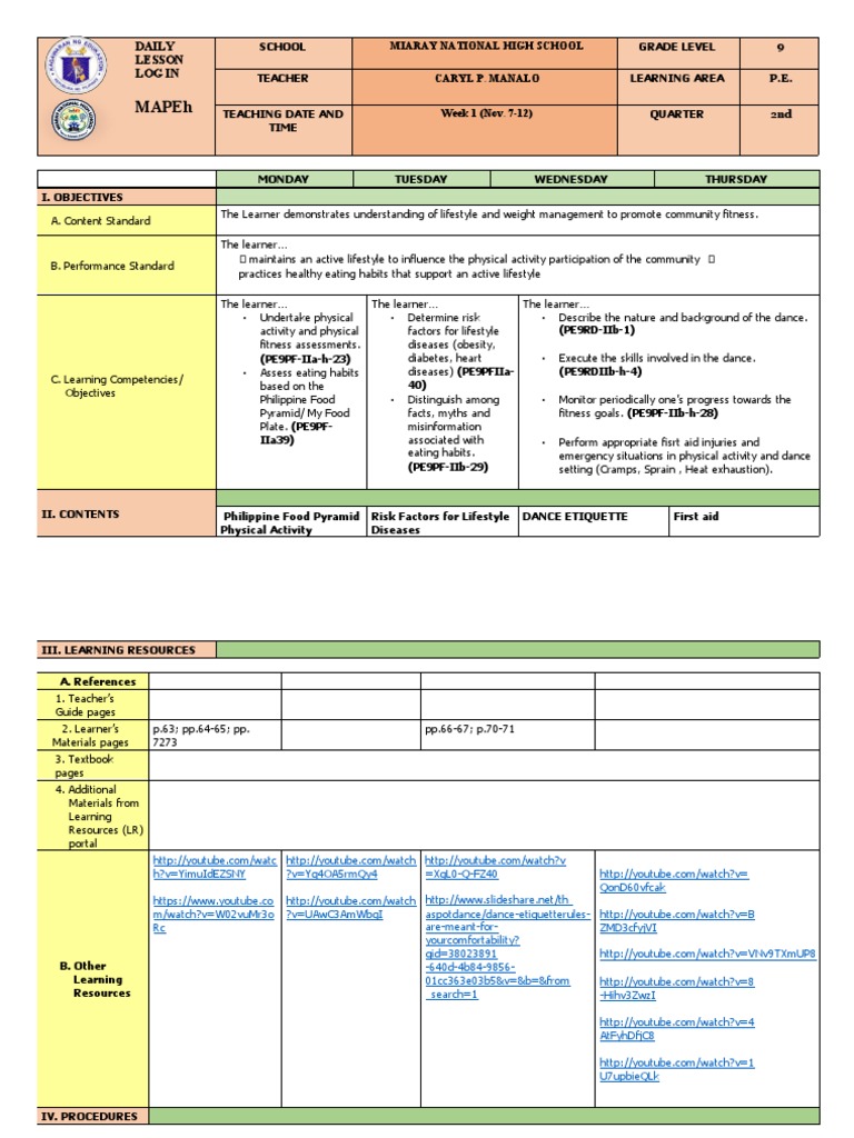 Q2 Grade 9 PE DLL Week 1 | PDF | Learning | Clinical Medicine