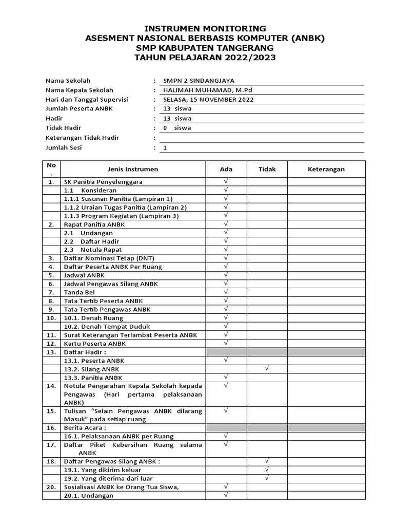 Instrumen Monitoring Anbk 2022 | PDF