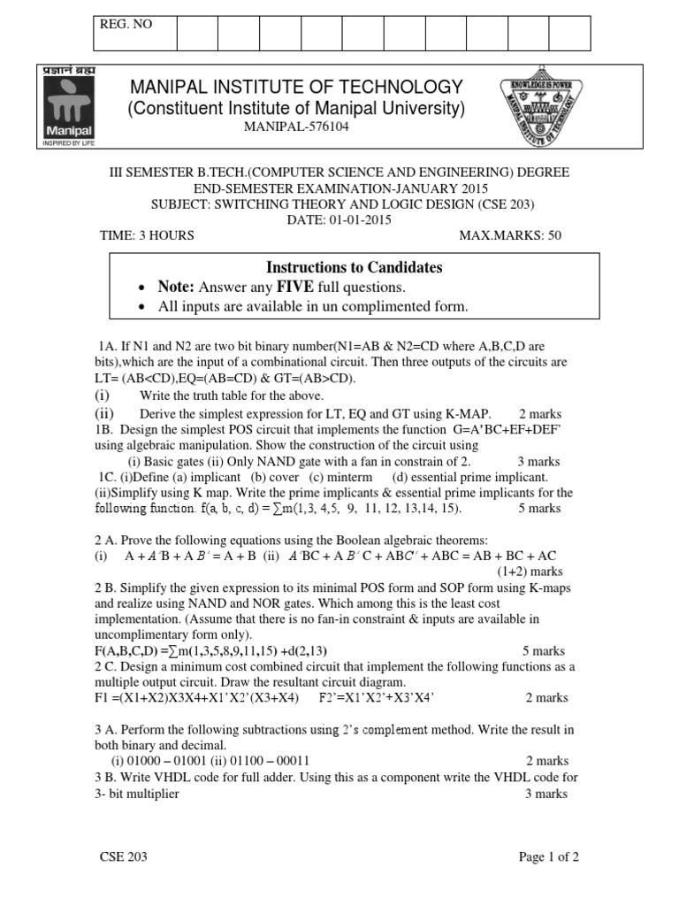 Switching Theory and Logic Design (CSE-203) (Makeup) | PDF ...