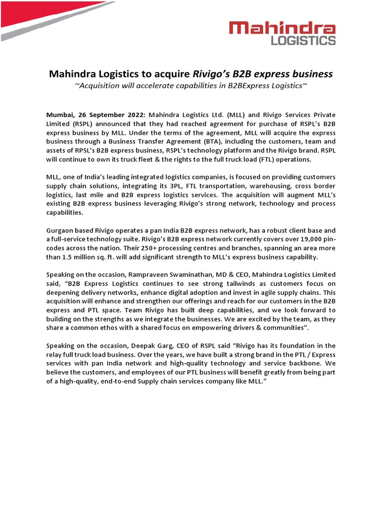 Press Release Mahindra Logistics To Acquire Rivigos B2B Express Business | PDF | Logistics ...