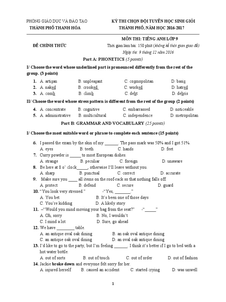 ĐỀ HSG TP 16-17 | PDF | Endangered Species | Drink