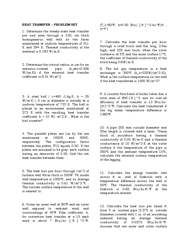 HEAT TRANSFER - Problem Set | PDF | Heat Transfer | Thermal Conductivity