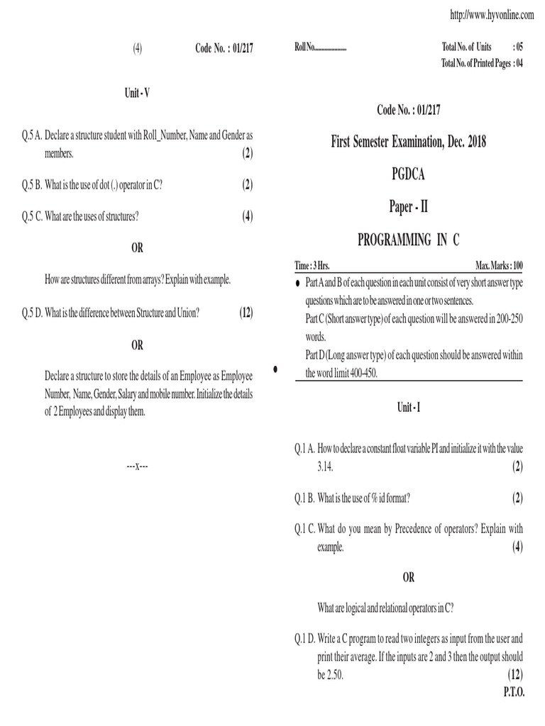 Pgdca 1 Sem Programming in C 217 Dec 2018 | PDF | C (Programming Language) | Computer Program