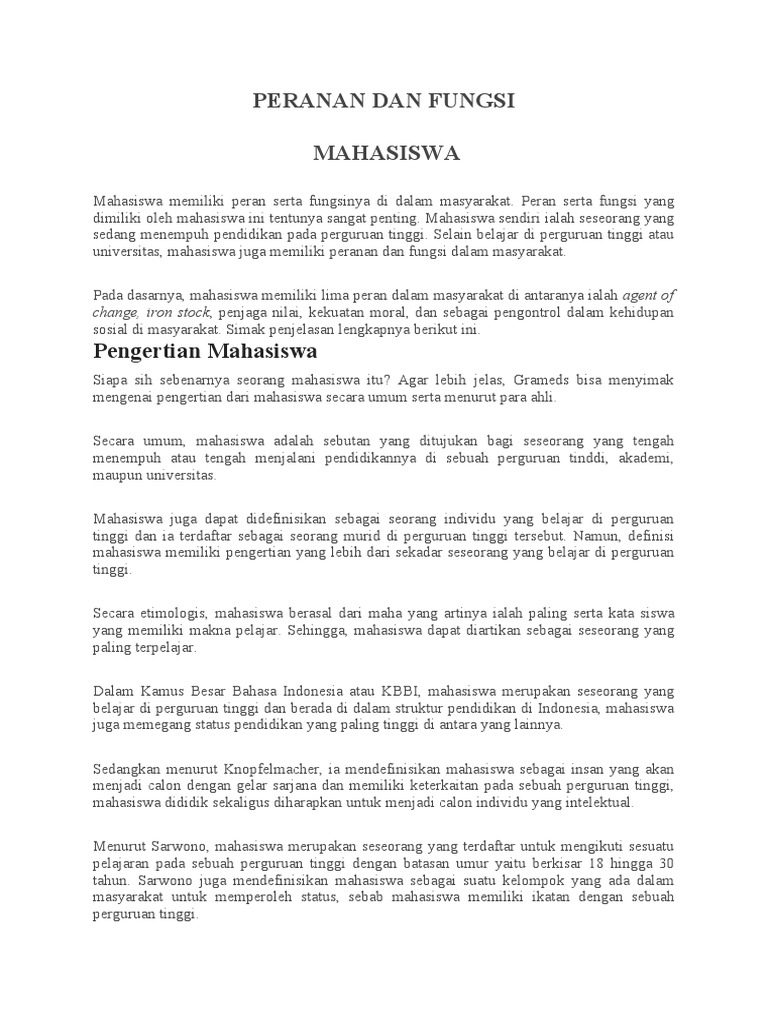Peran dan Fungsi Mahasiswa dalam Masyarakat | PDF