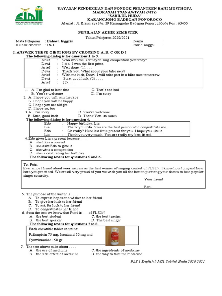 Soal PAS B.Ing Kelas 9 K13 RINA | PDF | Food And Drink | Drink