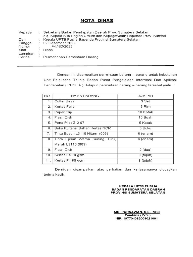 Nota Dinas Barang | PDF