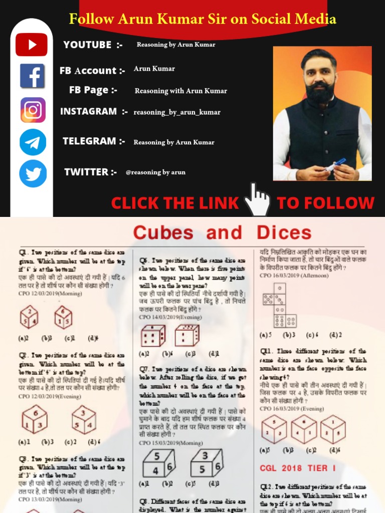 Dices & Cubes Previous Year Questions (SSC All Exams) | PDF