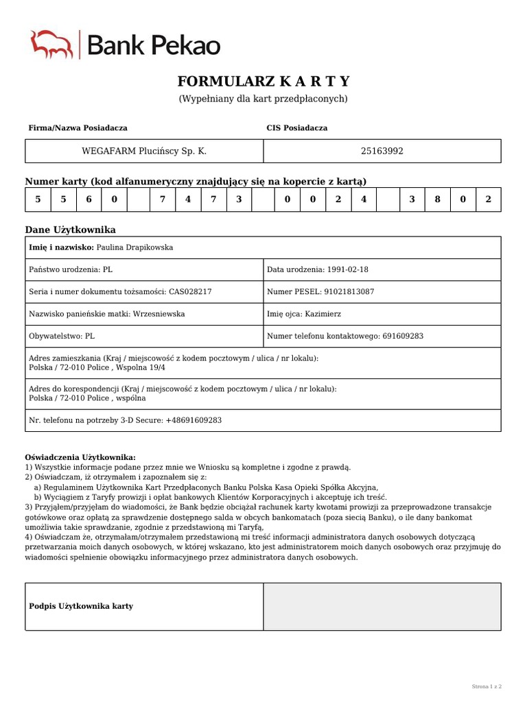 Formularz Karty PEKAO | PDF