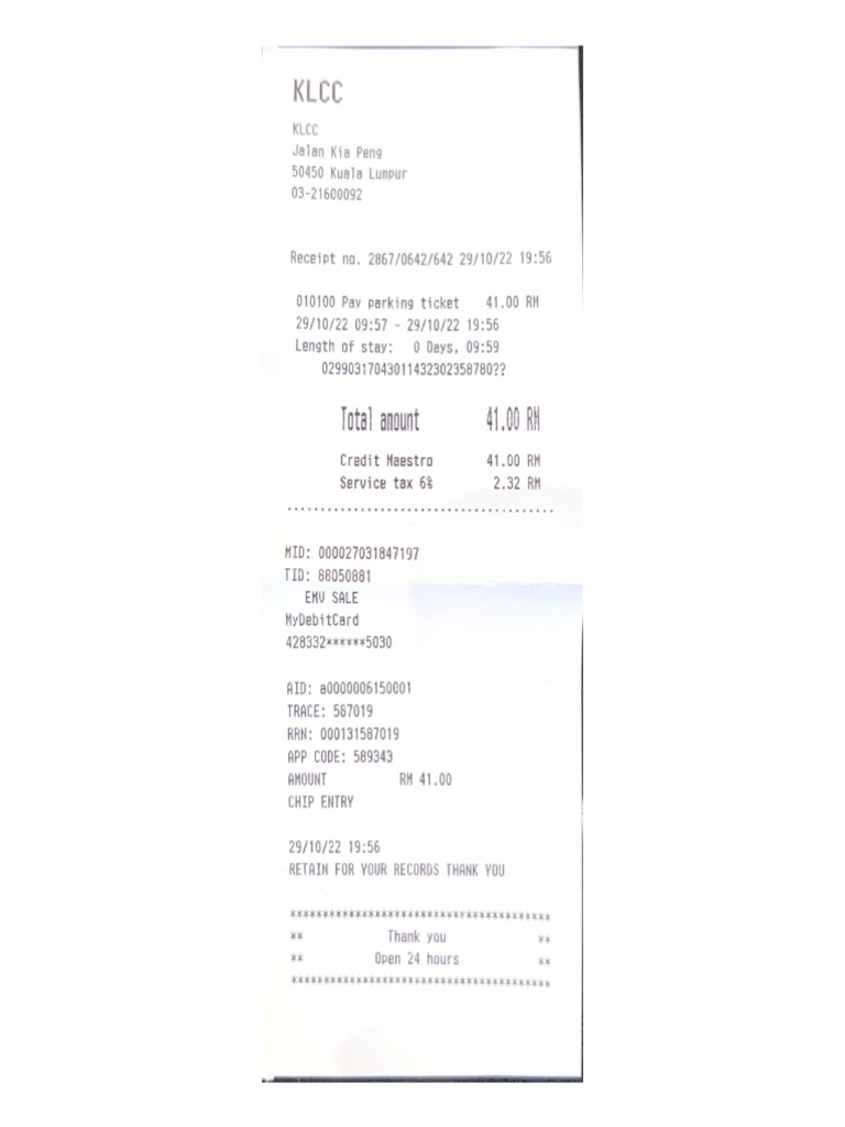 KLCC Parking Receipt | PDF