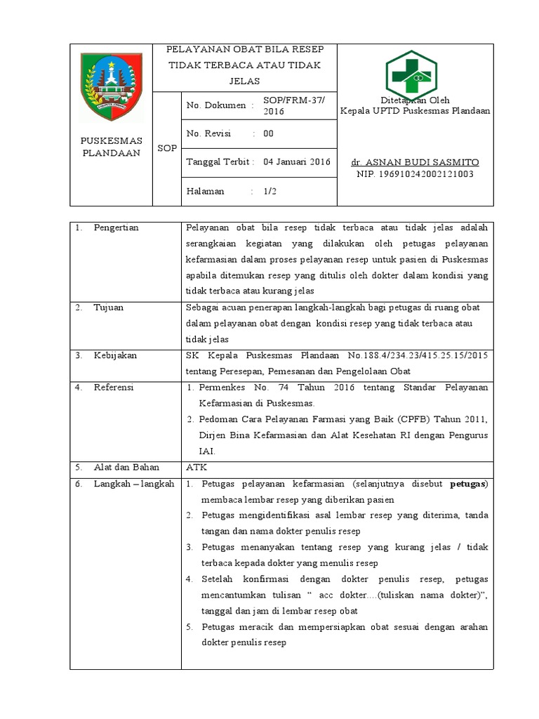 FRM-37 Sop Pelayanan Obat Bila Resep Tidak Terbaca Atau Tidak Jelas | PDF