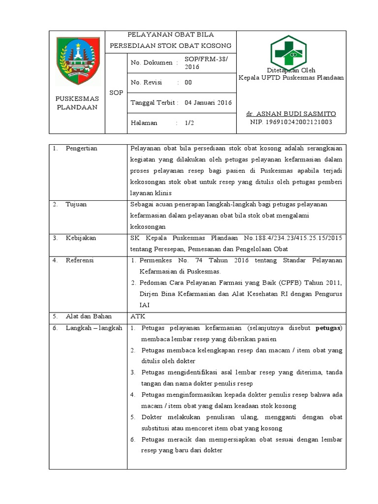 Frm 38 Sop Pelayanan Obat Bila Persediaan Stok Obat Kosong Pdf