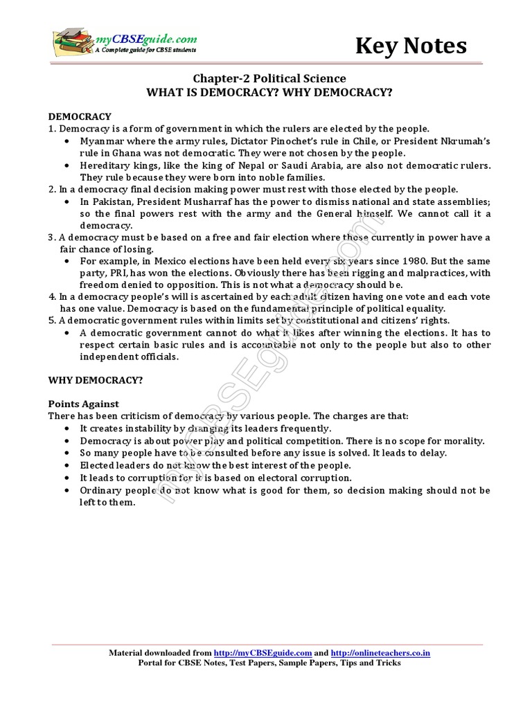 09 Social Science Key Notes Pol SC ch2 What Is Democracy Why Democracy ...