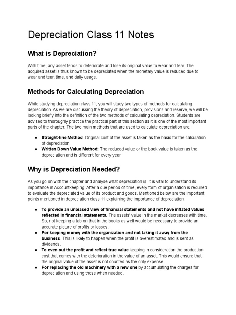 Depreciation Class 11 Notes | PDF | Depreciation | Debits And Credits