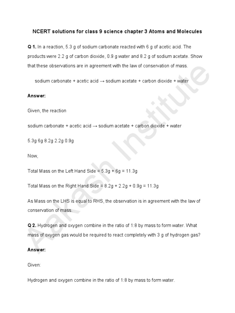Ncert Solutions Class 9 Science Chapter 3 Atoms and Molecules - 0 | PDF ...