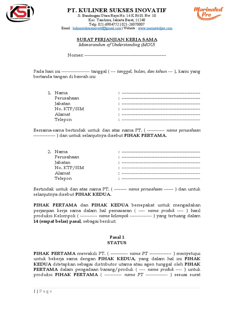 Contoh Surat Perjanjian Kerjasama Dalam Bidang Bisnis FH UII | PDF