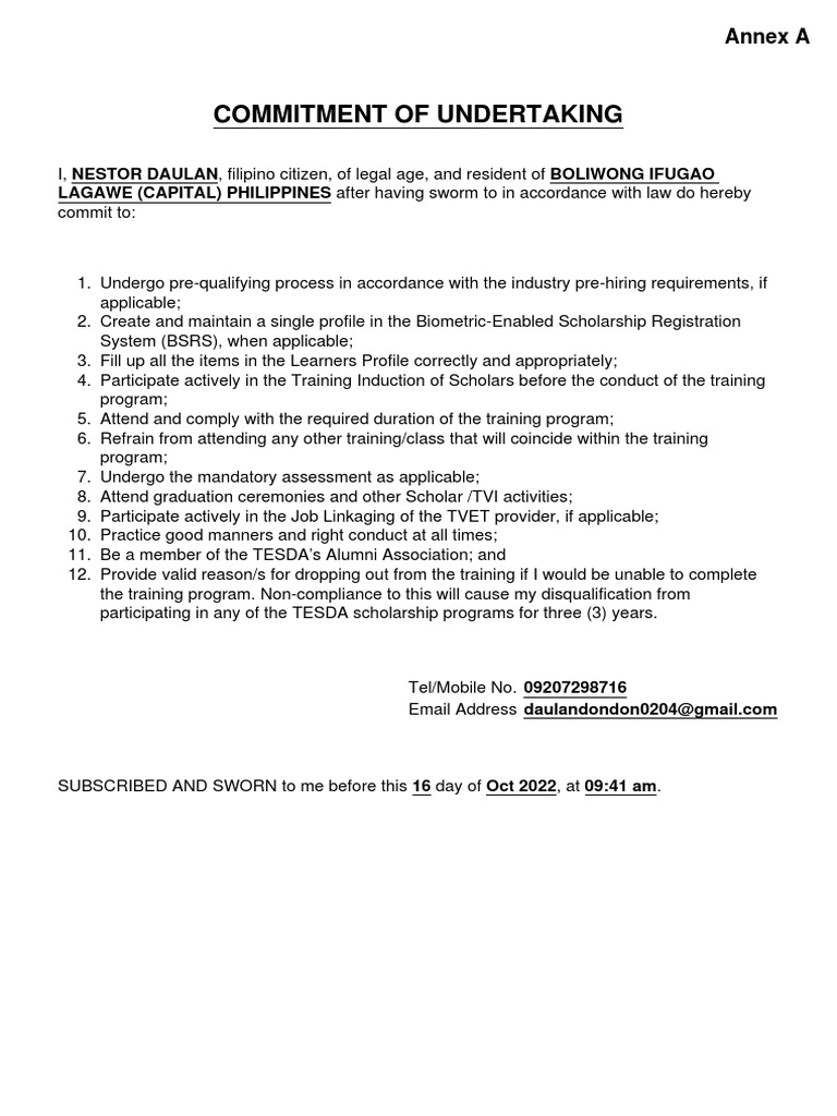 Commitment of Undertaking: LAGAWE (CAPITAL) PHILIPPINES After Having ...