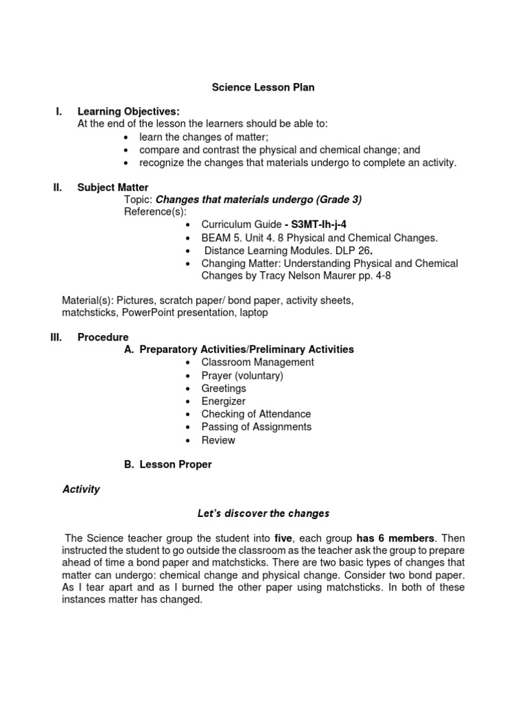 Week 01 Science Lesson Plan Changes That Materials Undergo Grade 3 | PDF