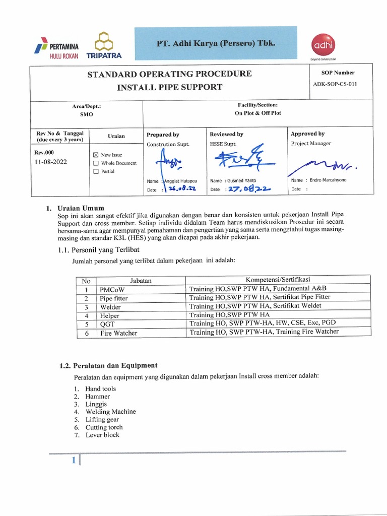 ADK SOP CS 011 Install Pipe Support | PDF