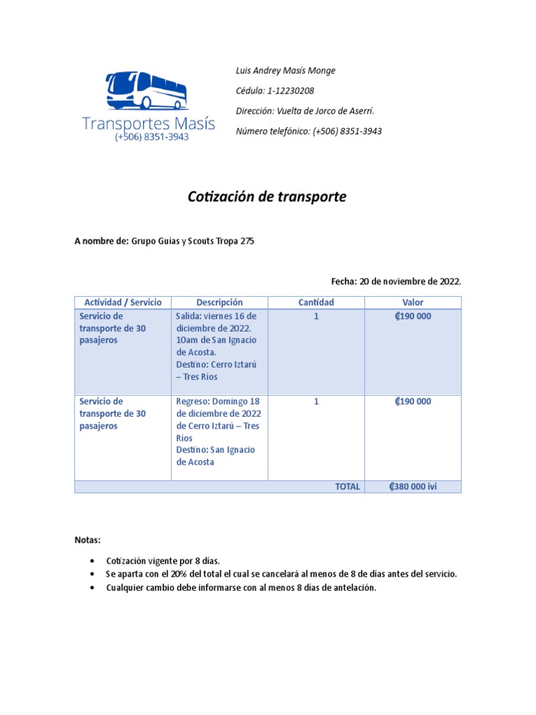 Formato de Cotización Transportes Masís | PDF