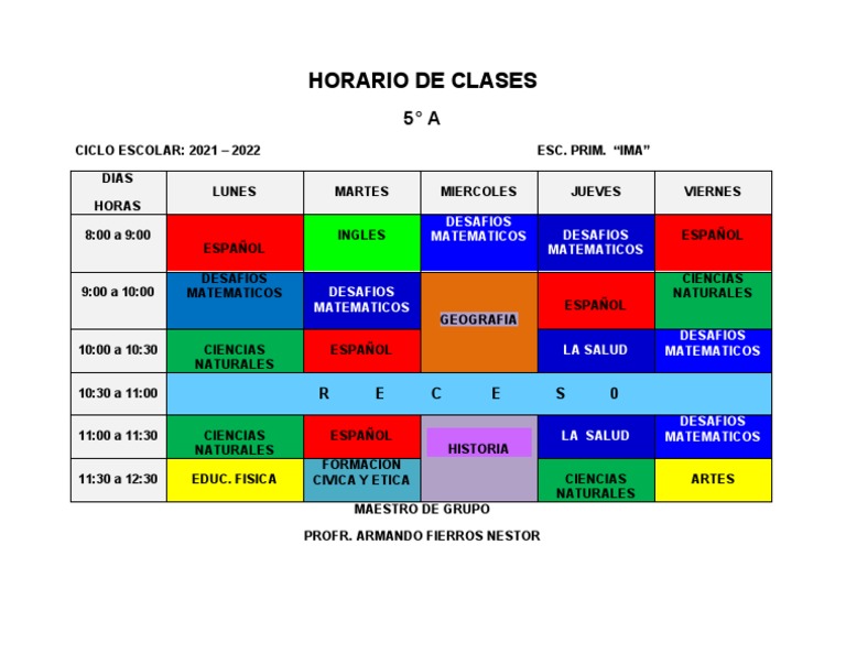 Horario de Clases 5° A | PDF