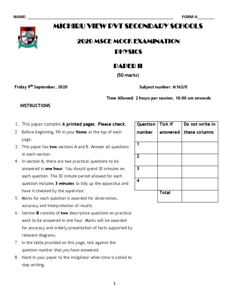 Michiru Mock Physics 2020 Paper 2 | PDF | Physics | Science
