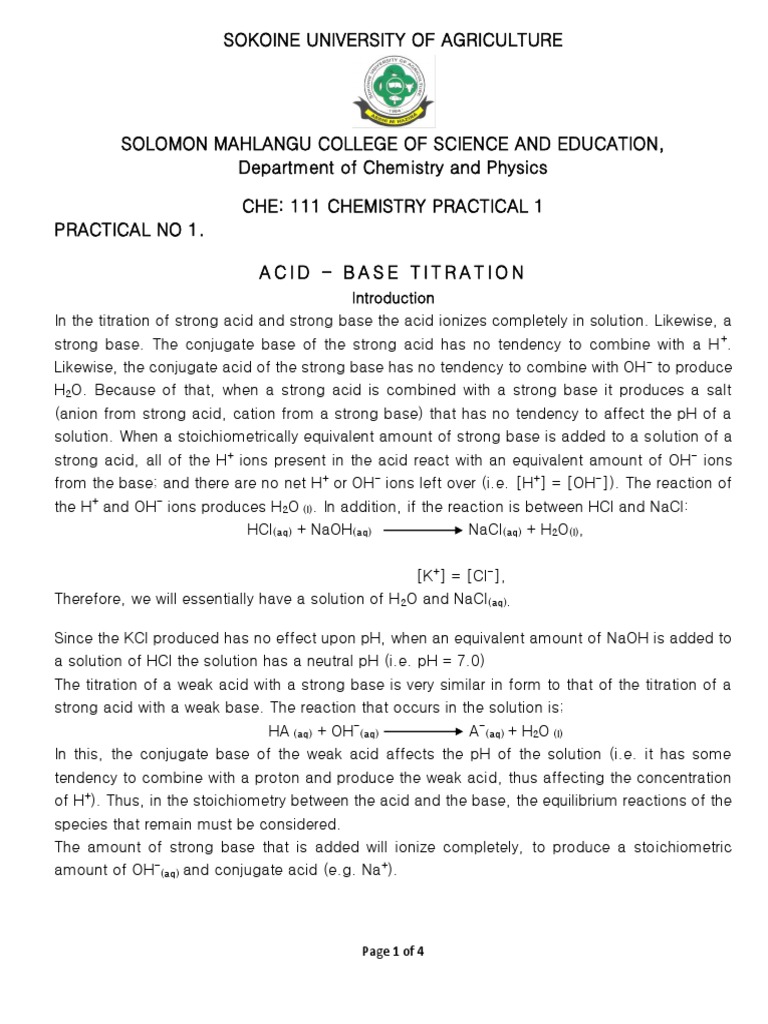 Che 111, P1, Acid - Base Titration | PDF